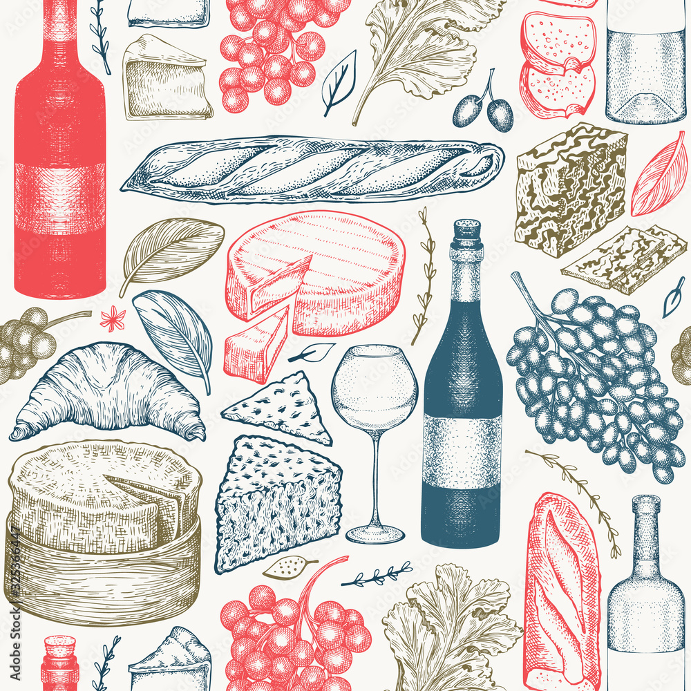 French food illustration seamless pattern. Hand drawn vector picnic ...