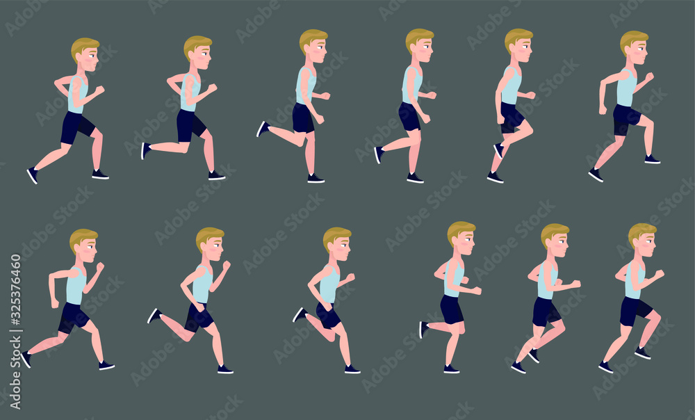 Young man or teenager is running. Full cycle of character running ...
