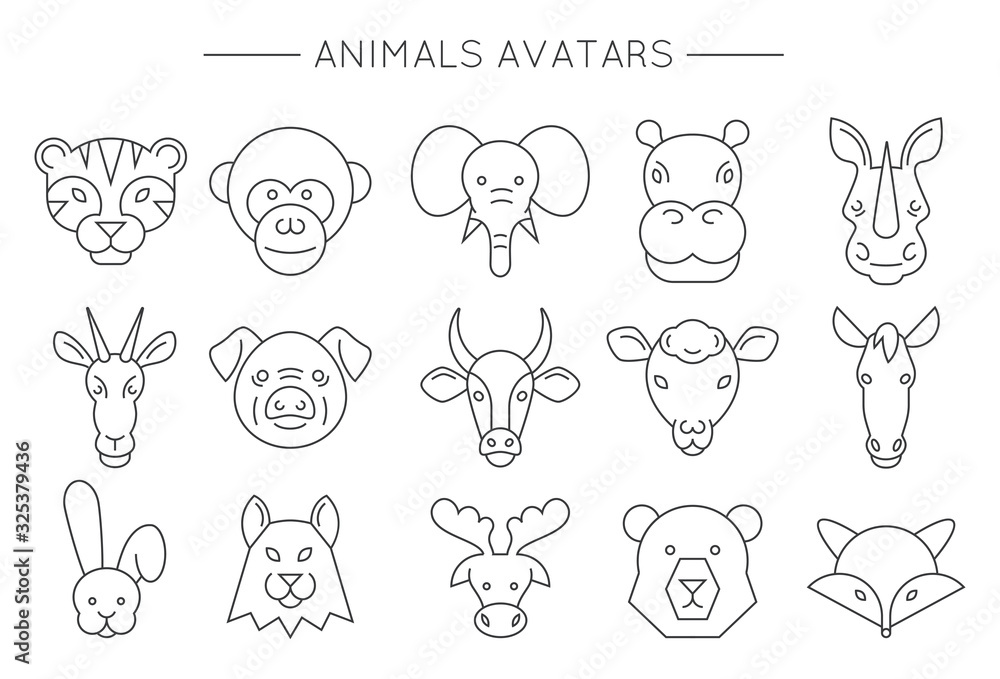 Animal face set. Vector illustration. Animals linear art icons. Cute ...