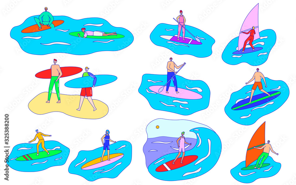 People surfing and windsurfing, set of cartoon characters isolated on ...