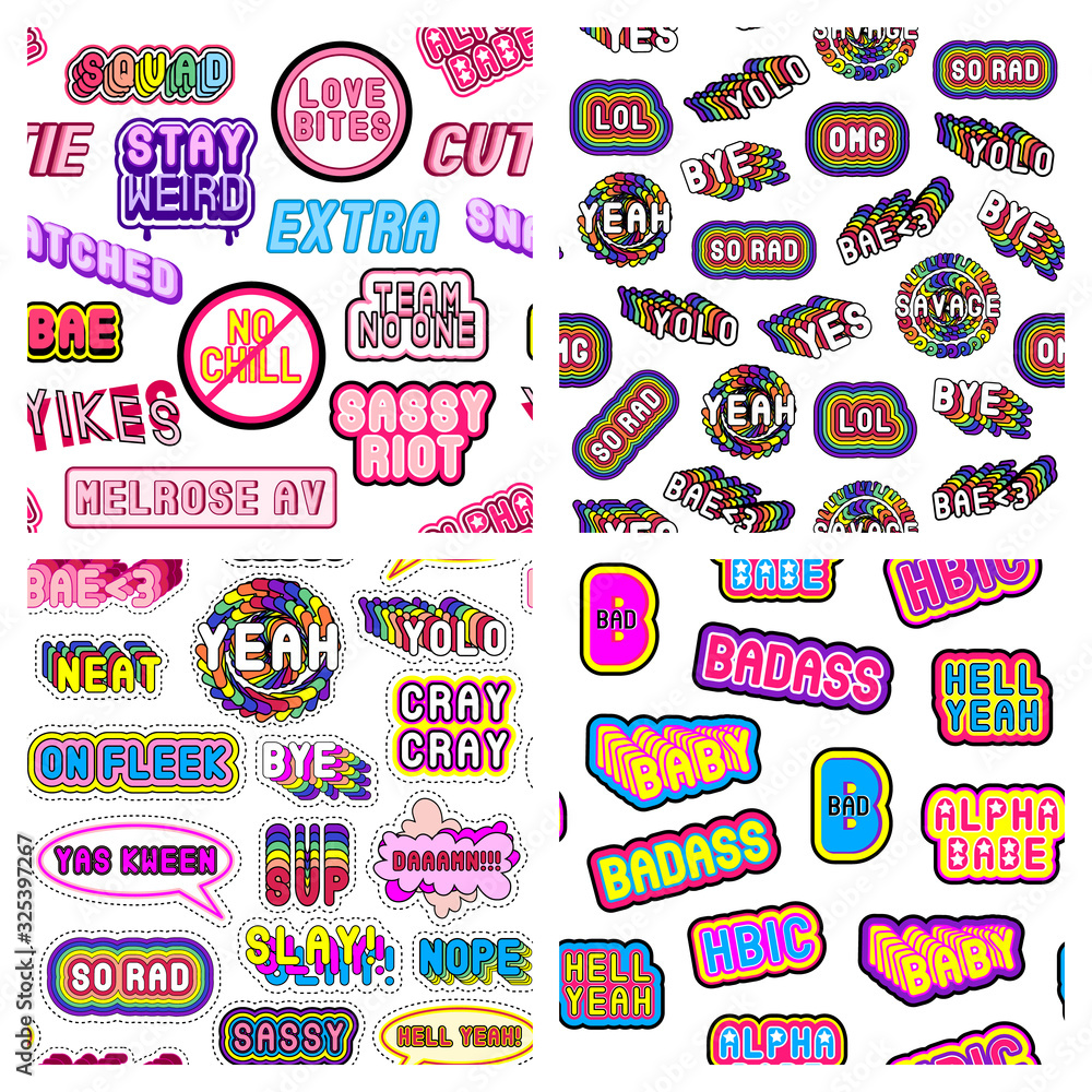 Set of 4 seamless patterns with colorful modern tags, patches with ...