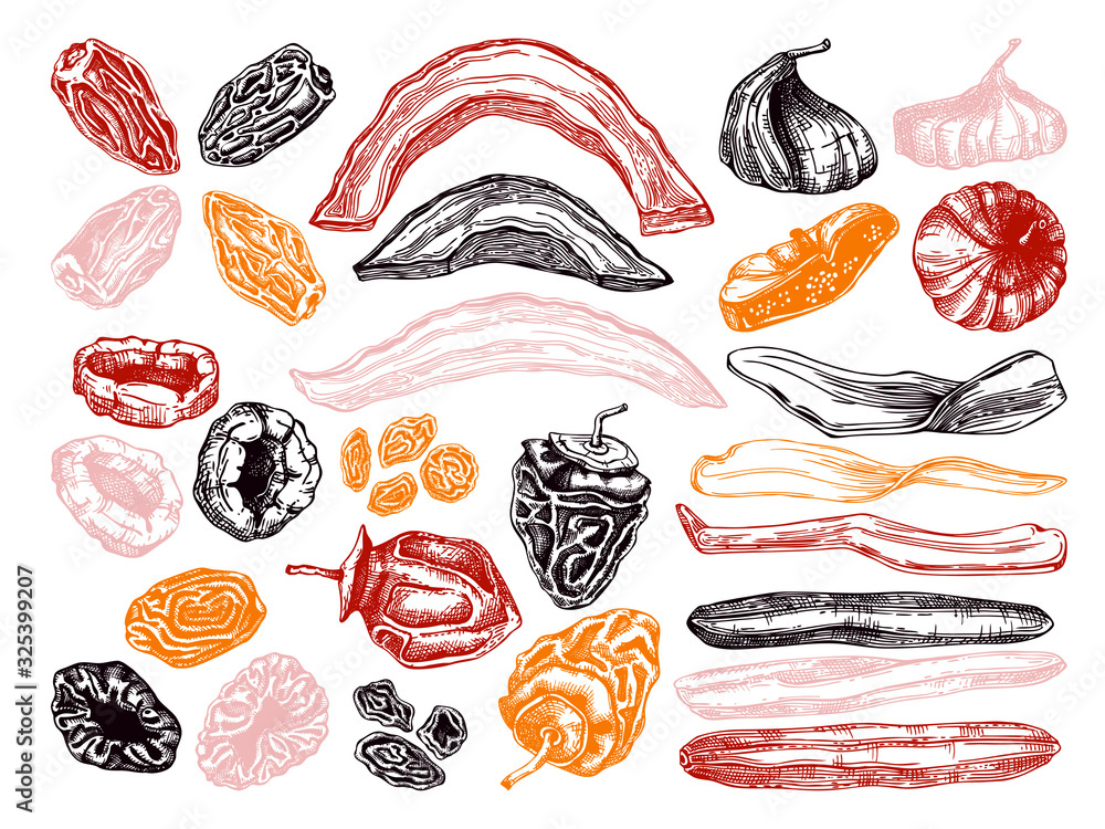 Hand drawn dried fruits sketches set. Vintage dehydrated fruits in ...