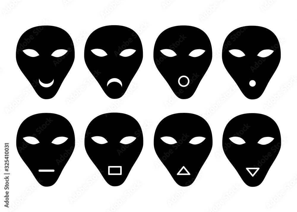 Eight face icons of a stylized man, an alien from a UFO with various ...