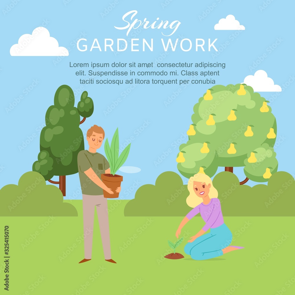 Spring garden work, young couple planting, watering plants, flowers and ...