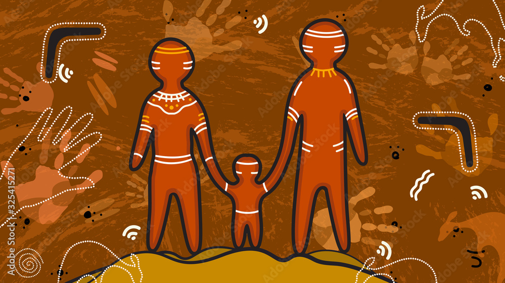 Aboriginal art showing the concept of a small and happy family. Stock ...