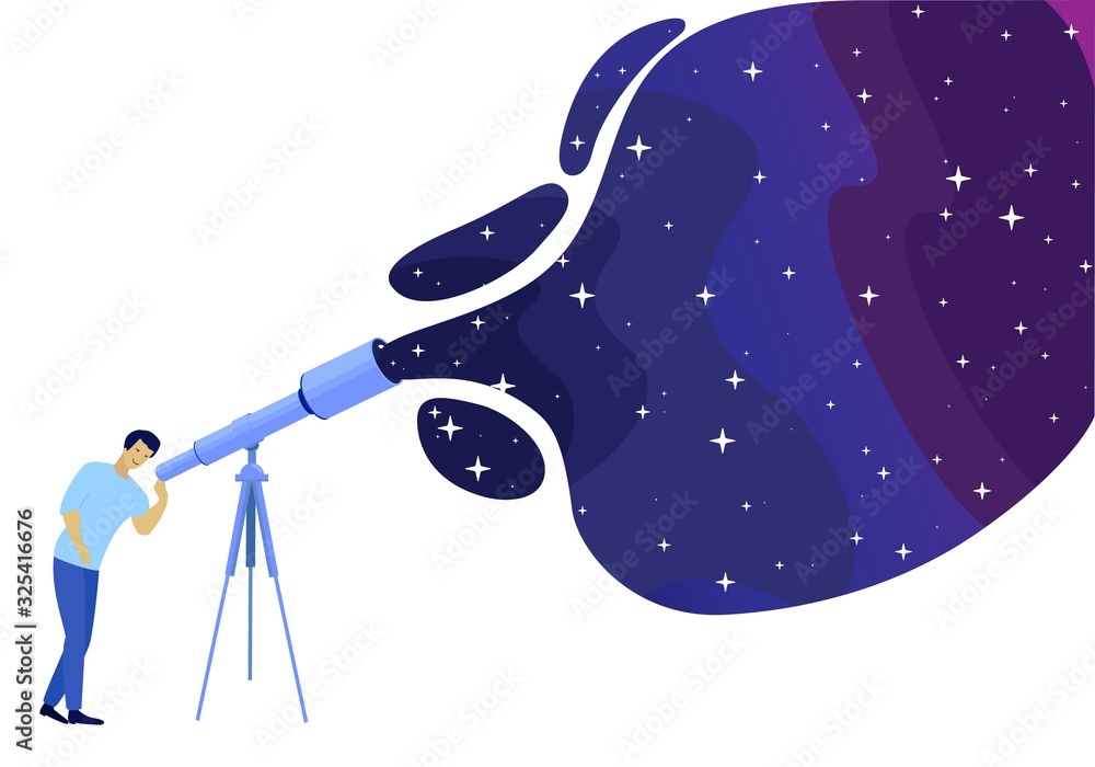 Man Watching Night Starry Sky through Telescope. Astronomy Science ...