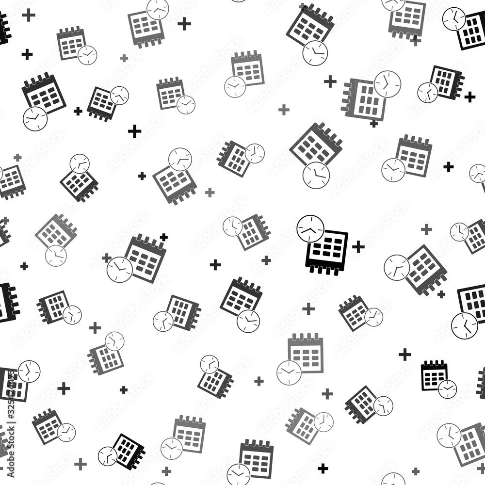 Black Calendar and clock icon isolated seamless pattern on white ...