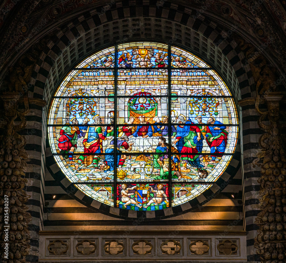 Stained glass window with "The Last Supper" by Pastorino dei Pastorini ...