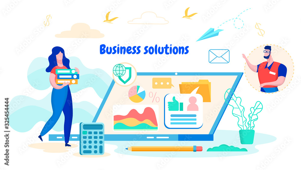 Business Solutions. Women with Folders in Hand on Laptop Background ...