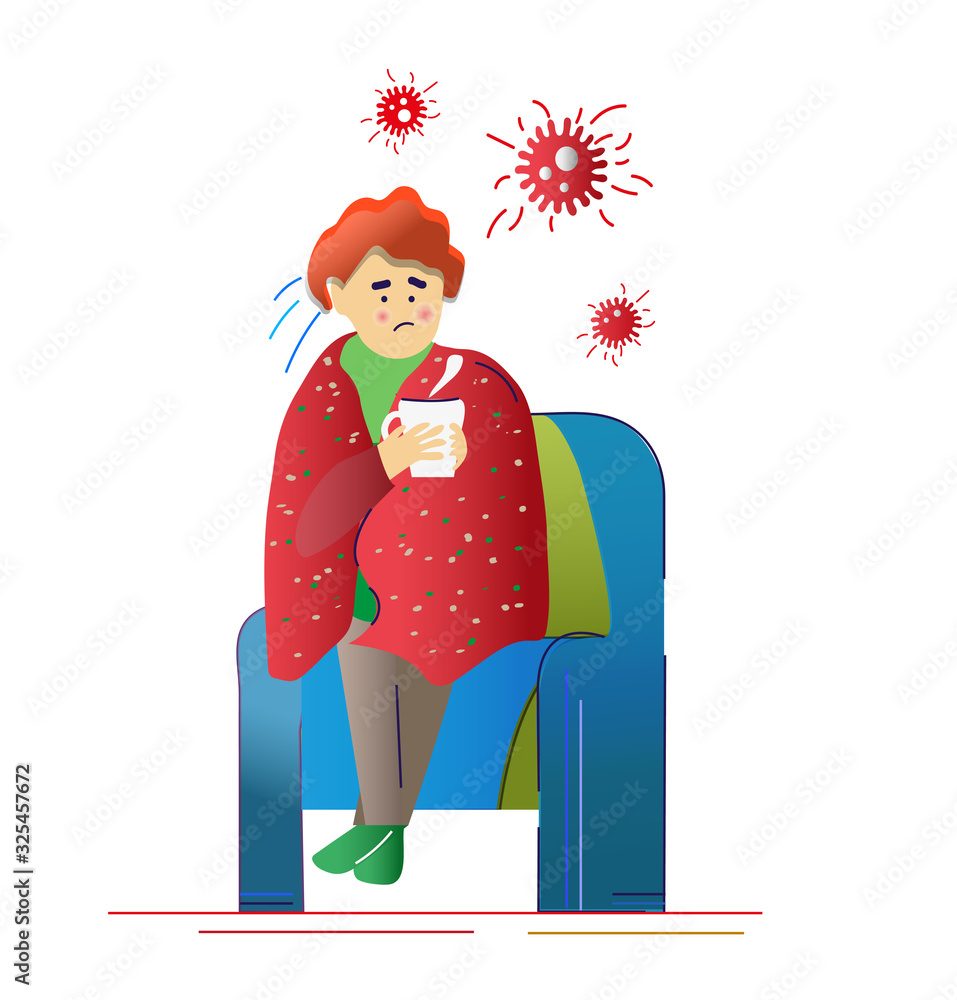 Ill man with flu or virus at home vector illustration. Flat style ...