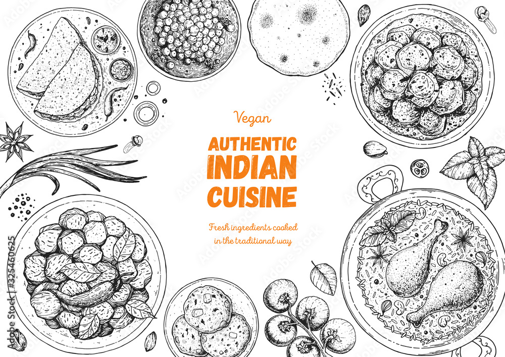 Indian food illustration. Hand drawn sketch. Indian cuisine. Doodle ...