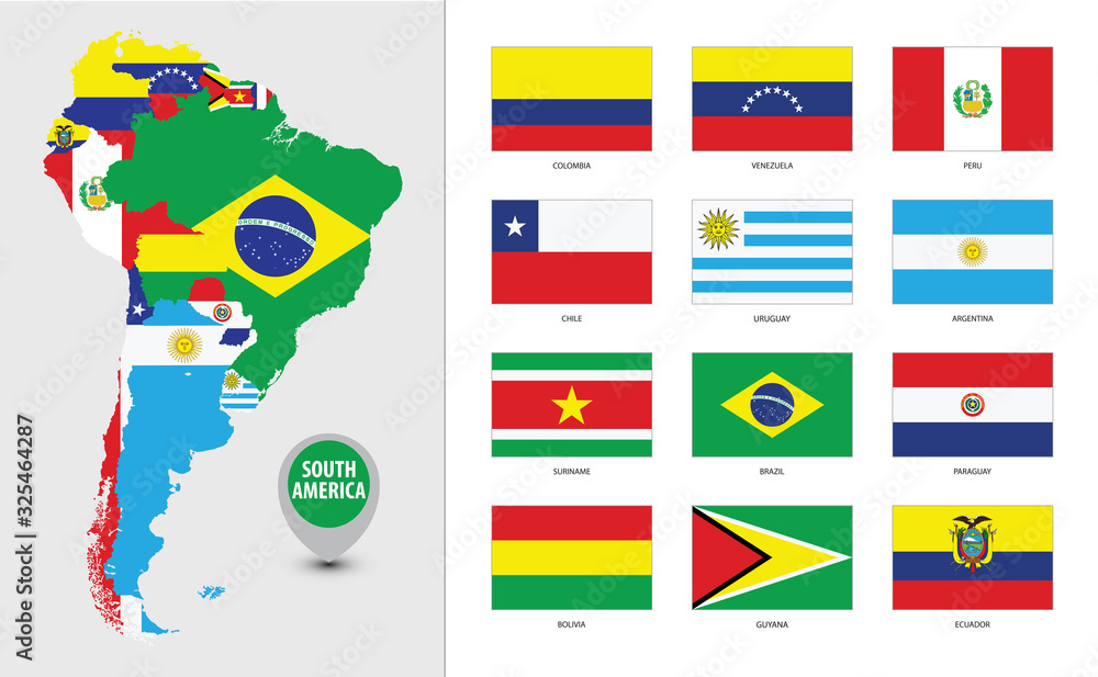 Detailed map of South America with country silhouettes and flags Stock ...