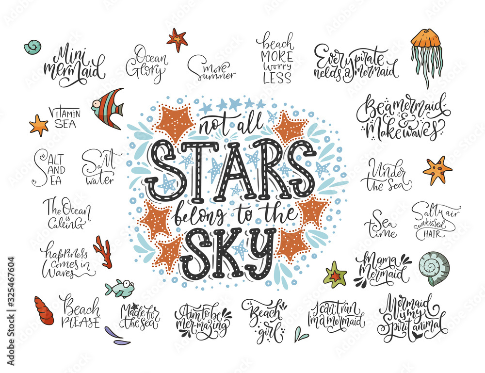 Summer sea lettering big vector set. Ocean quotes and clip art ...