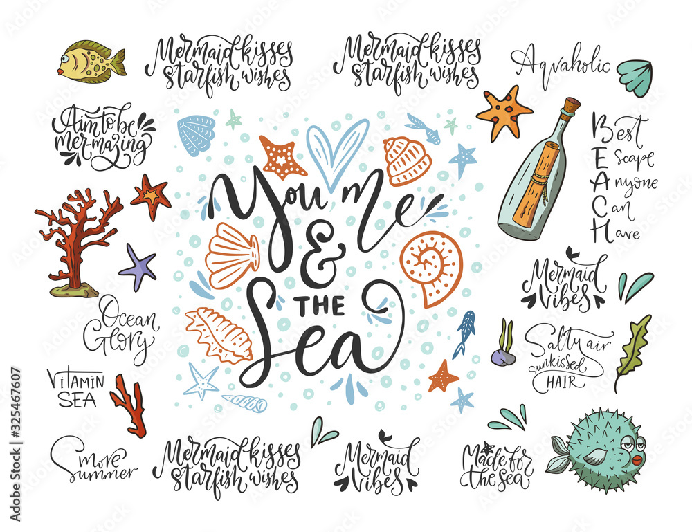 Summer sea lettering big vector set. Ocean quotes and clip art ...