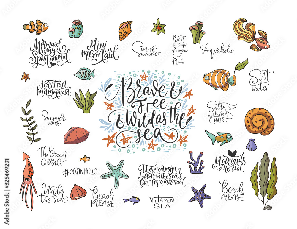 Summer sea lettering big vector set. Ocean quotes and clip art ...