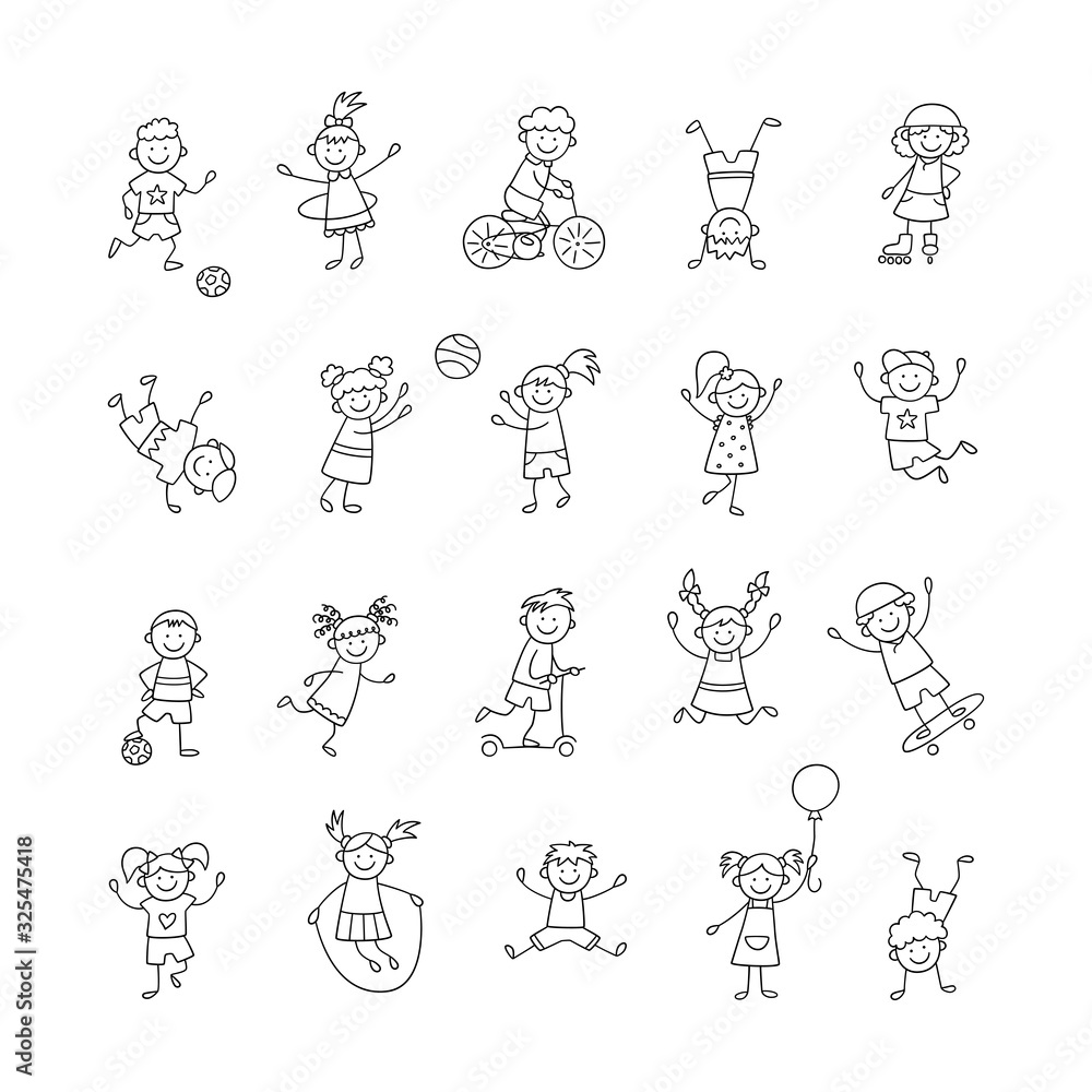 Active children play, run and jump. Happy cute doodle kids. A set of ...