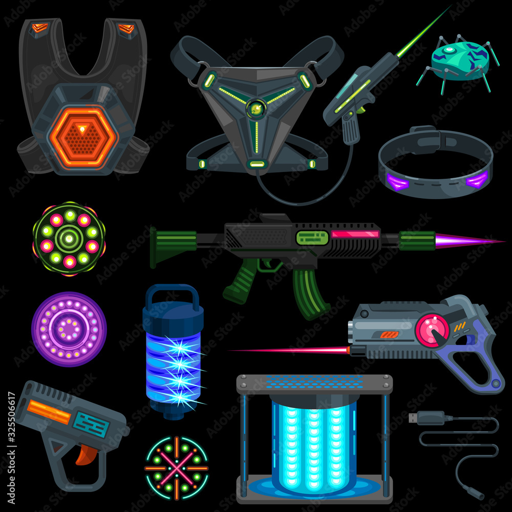 Laser tag game equipment flat collection. Vector illustration of ...