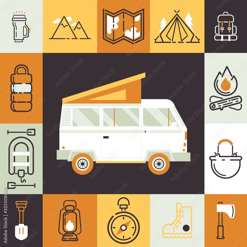 Camper van and isolated icons in outdoor activity collage, vector ...