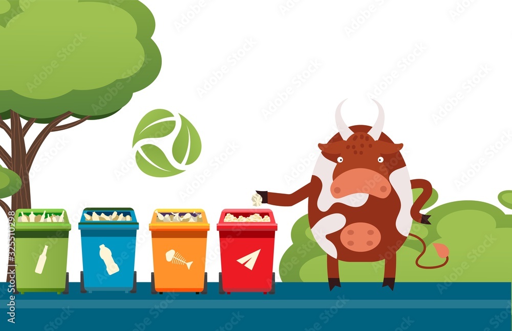 Vetor de Cow sorting trash, garbage recycling campaign mascot, funny ...