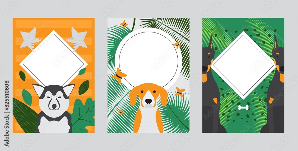 Dog banners, pet card template, animal cartoon character, vector ...