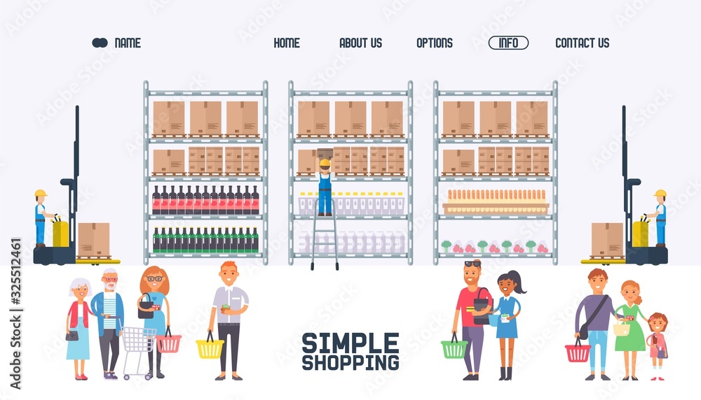 People in supermarket, grocery store website design, shop customers ...