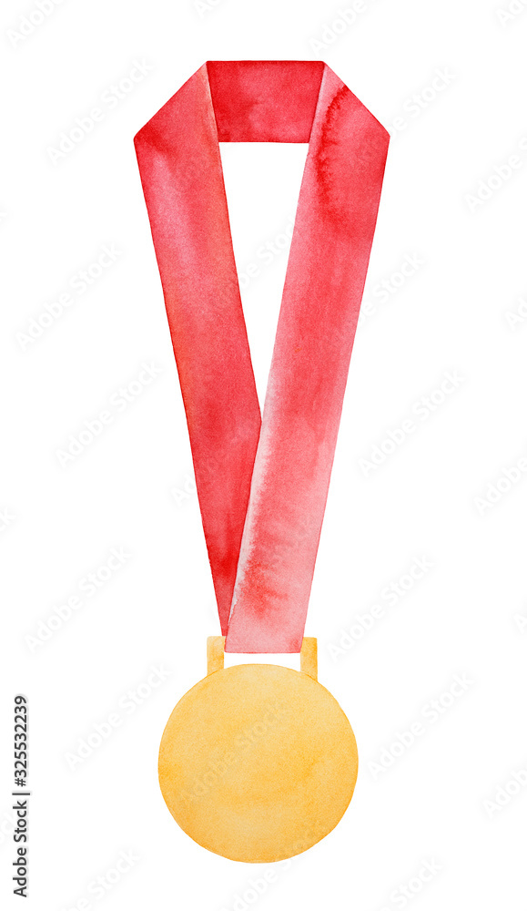 Watercolor illustration of gold medal with bright red ribbon. One ...