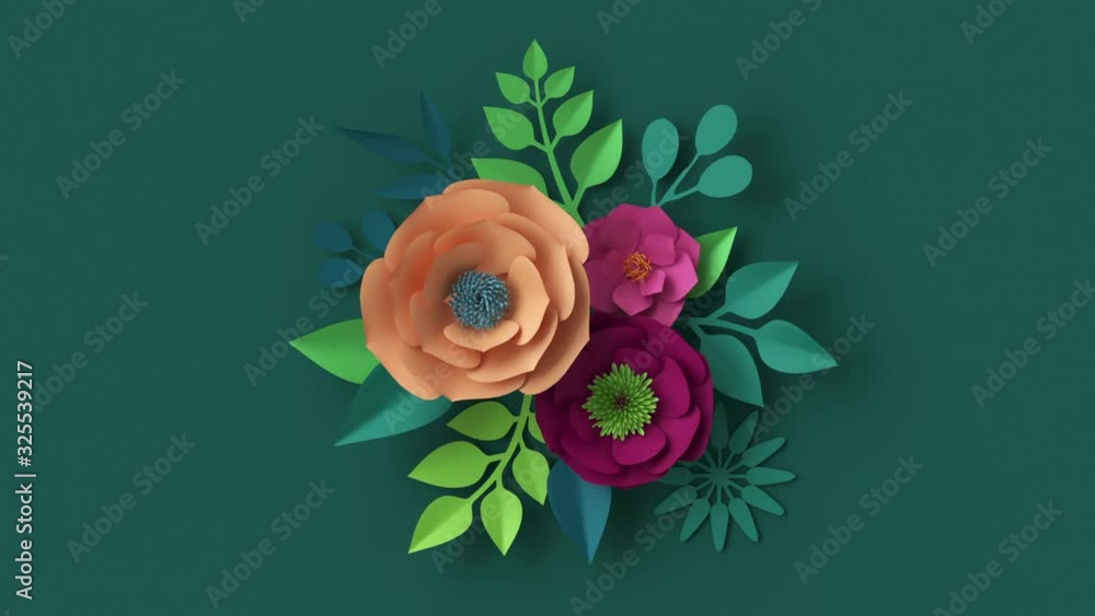 3d render, abstract floral arrangement appearing over dark green wall ...
