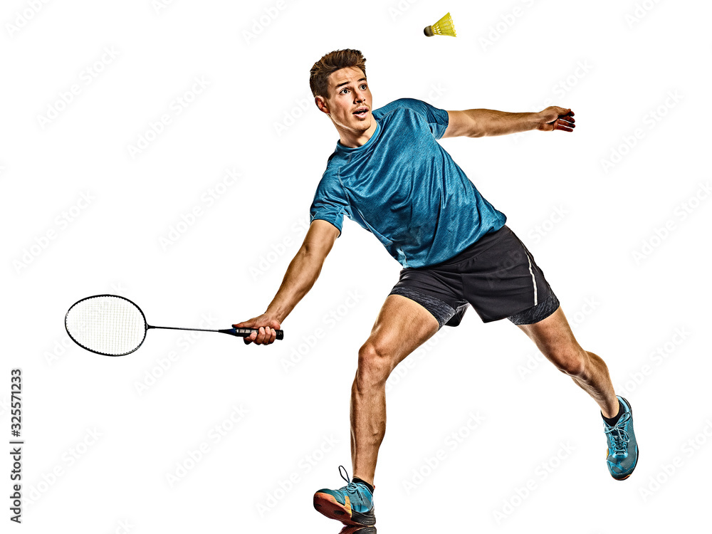 Badminton player young man isolated white background Stock Photo ...