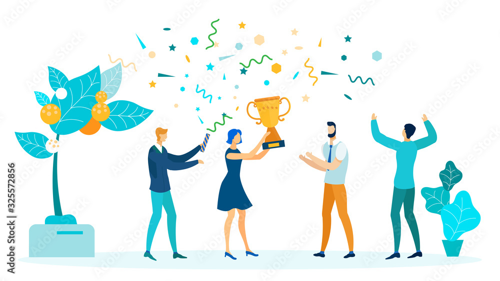 Win, Victory Celebration Flat Vector Illustration. Happy Young ...