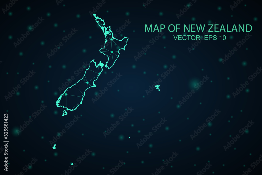 Map of New Zealand. Wire frame 3D mesh polygonal network line, design ...