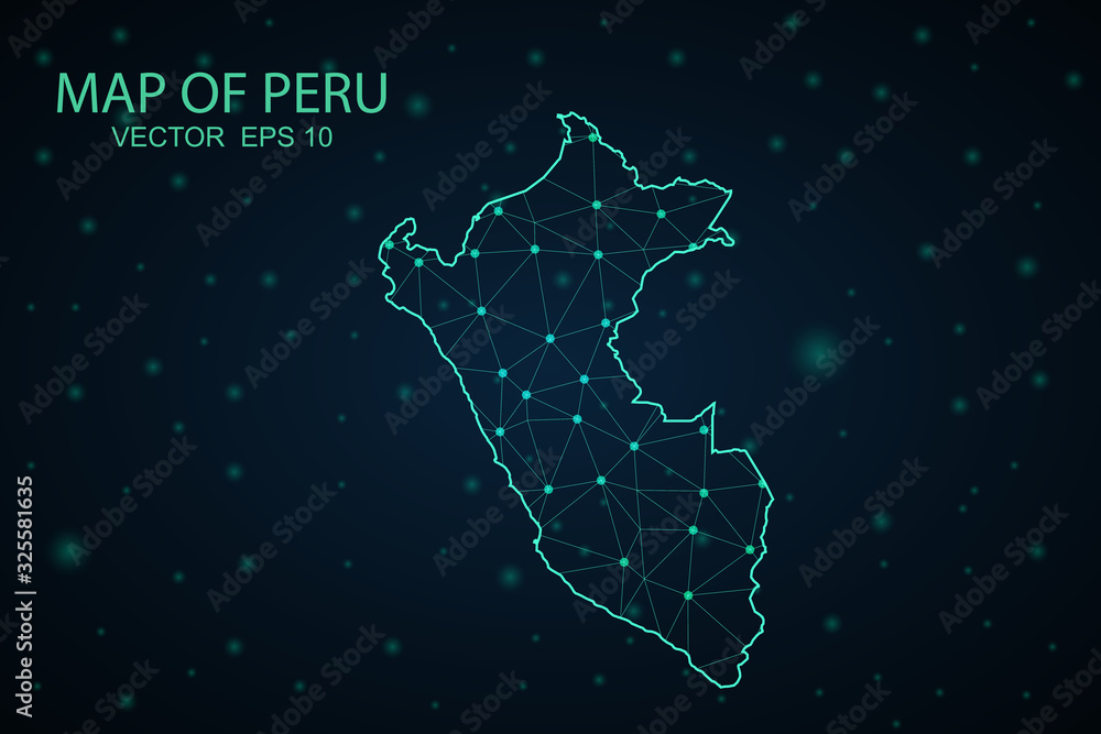 Map of Peru. Wire frame 3D mesh polygonal network line, design sphere ...