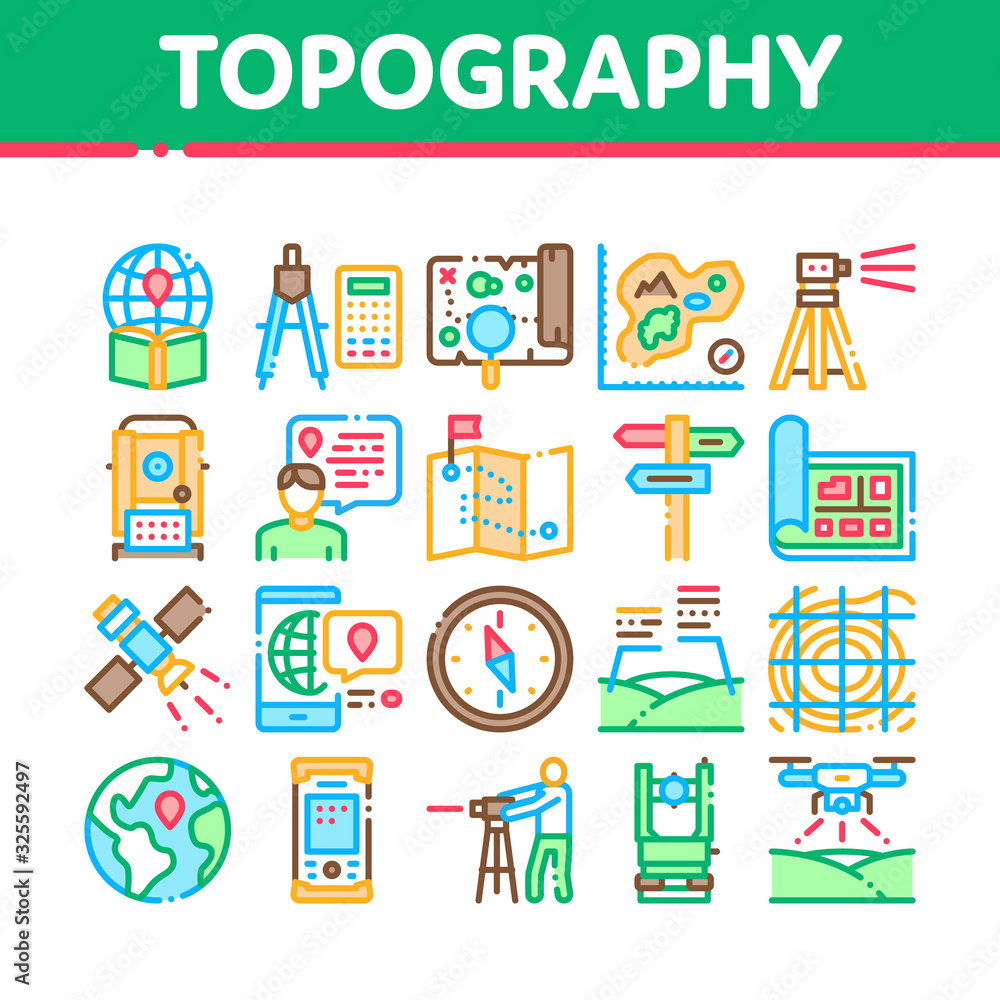 Topography Research Collection Icons Set Vector. Topography Equipment ...