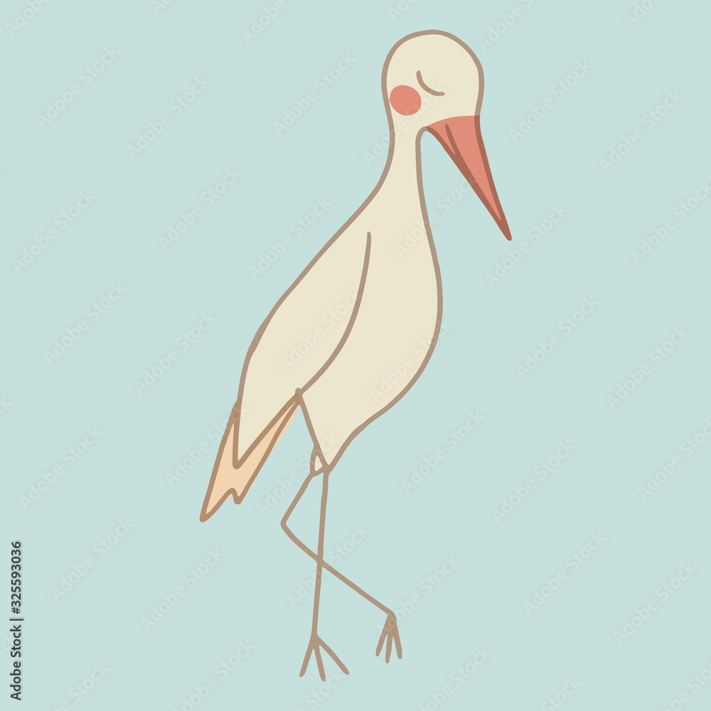 Vector stork. Cute hand drawn cartoon animal. Flat element for you ...