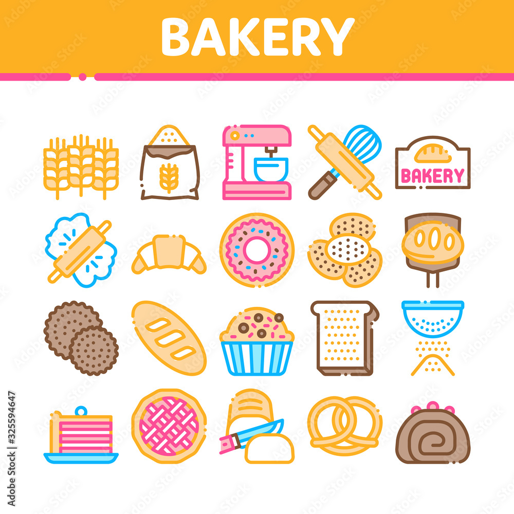 Bakery Tasty Food Collection Icons Set Vector. Bakery Cake And Bread ...