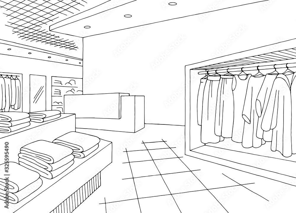 Shop store interior graphic black white sketch illustration vector ...
