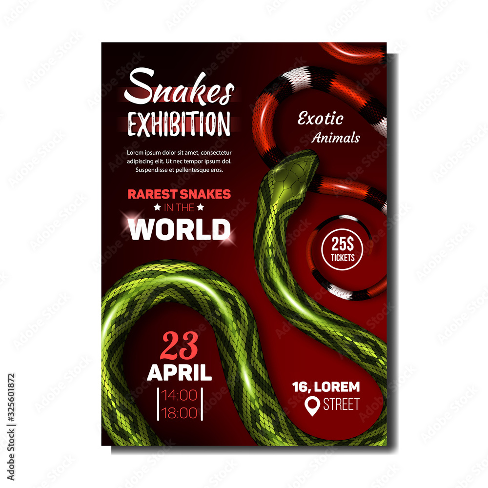 Snake Exhibition Exotic Animals Banner Vector. Poisonous Snake With ...