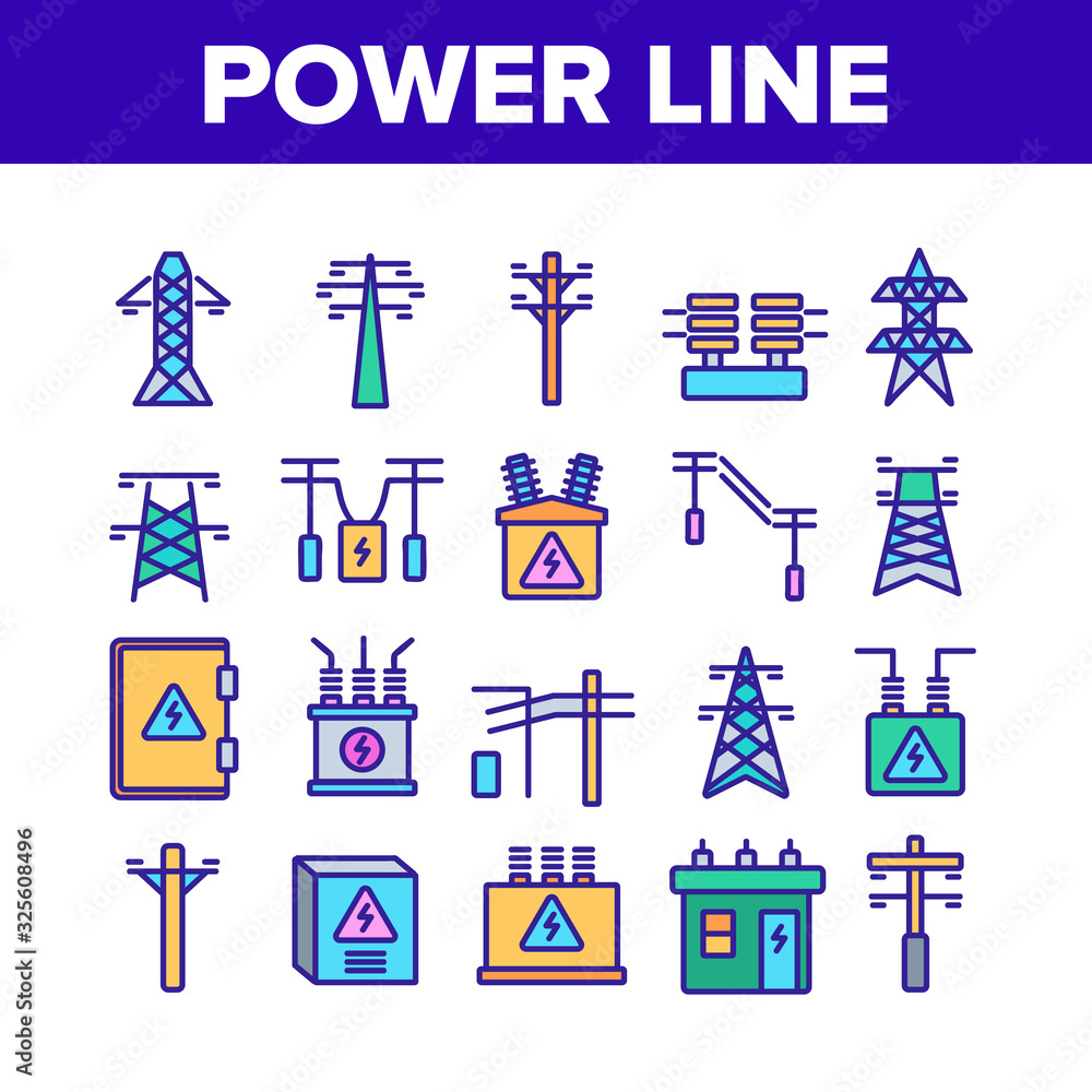 Power Line Electricity Collection Icons Set Vector. Power Line Tower ...