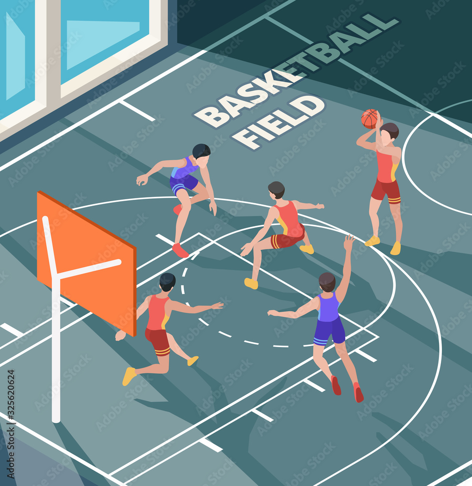 Basketball field. Sport club active game players in action poses orange ...