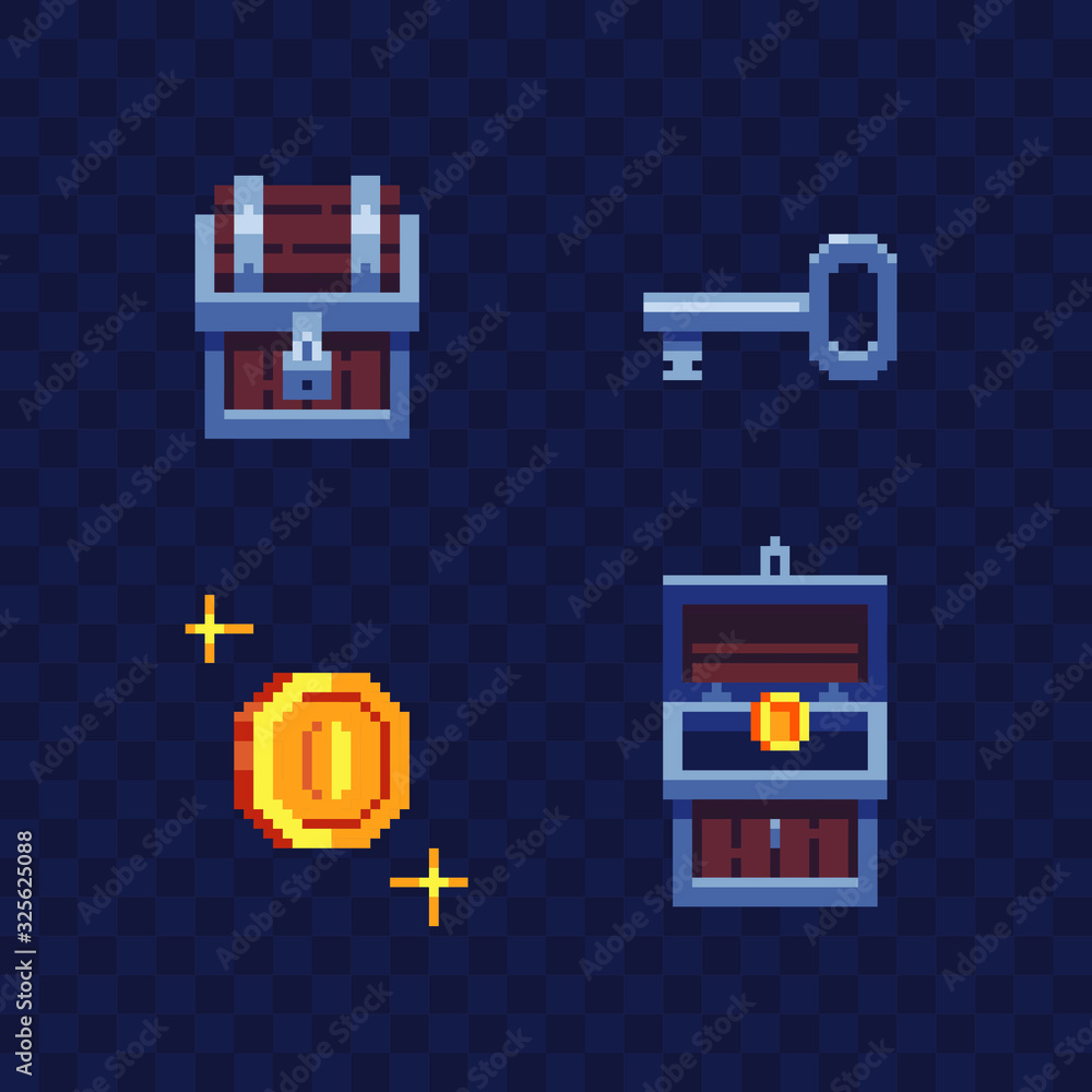 Vettoriale Stock Chest, coin and key pixel art icons set. Design for ...