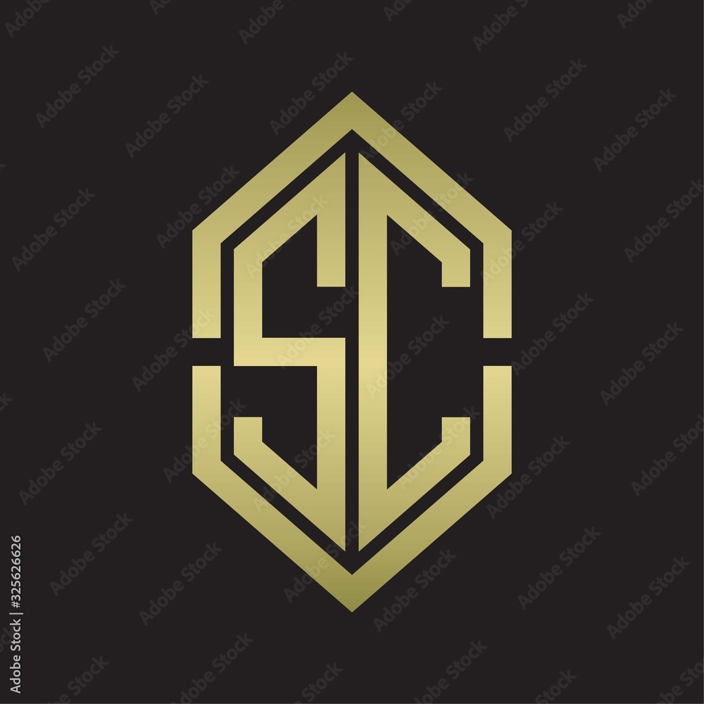 SC Logo monogram with hexagon shape and outline slice style with gold ...