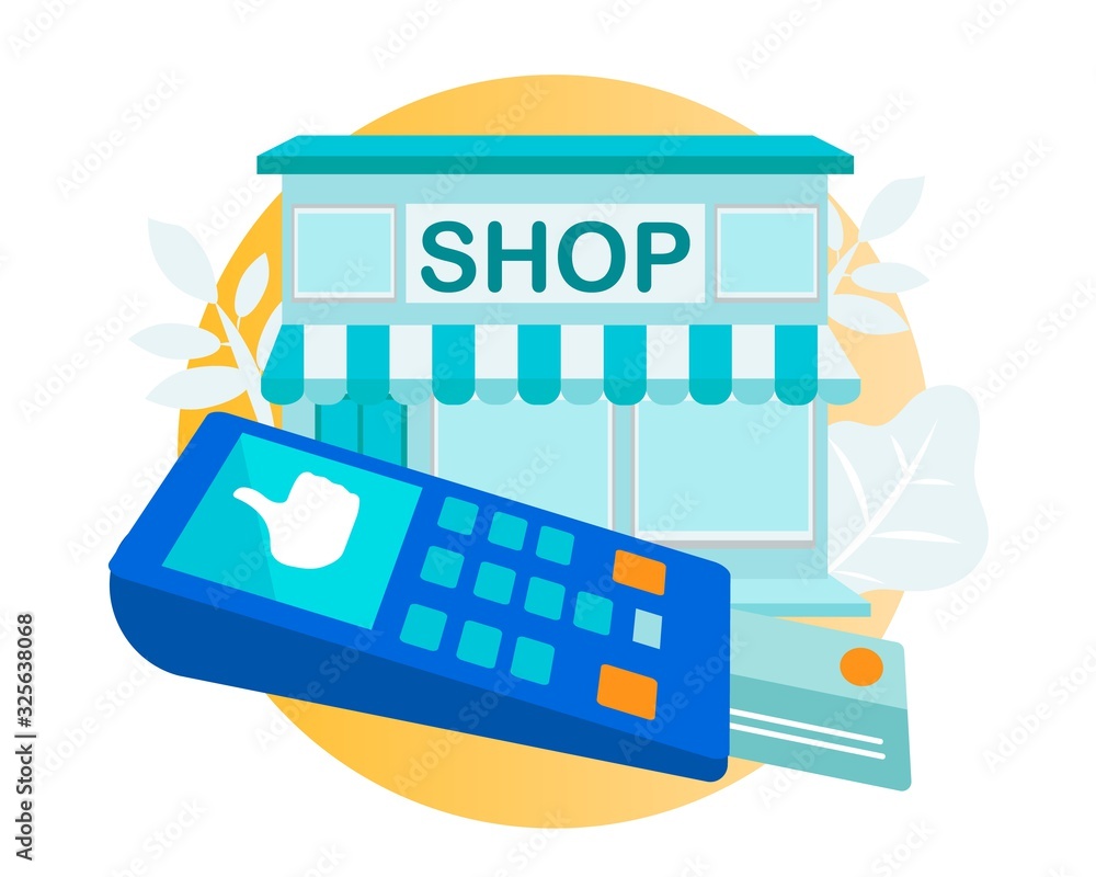 Cashless Operation on Payment at Shop. Cartoon POS Terminal with ...