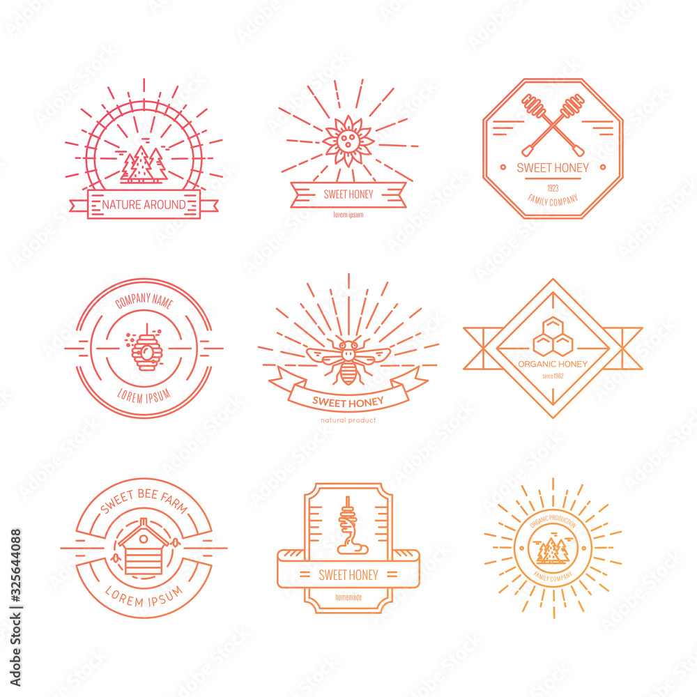 Apiary linear logo, labels vector templates set. Beekeeping hipster ...