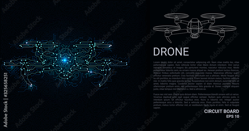 Circuit Board in the form of a drone. Microchip drone background. High ...