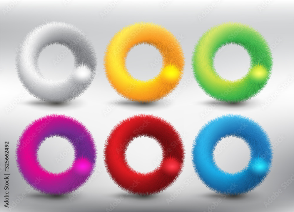 Collection of 6 colorful fluffy vector circles. Round furry frames ...