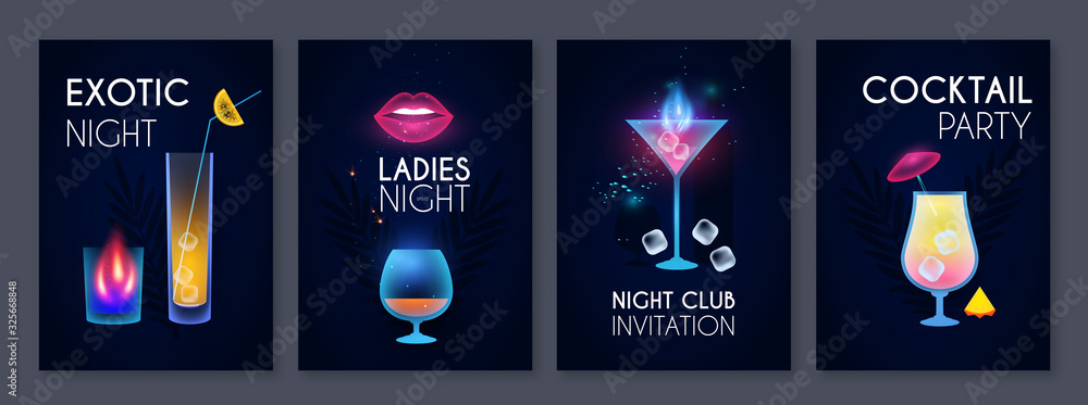 Cocktail party poster template set. Cool bar menu. Neon shining flyer ...