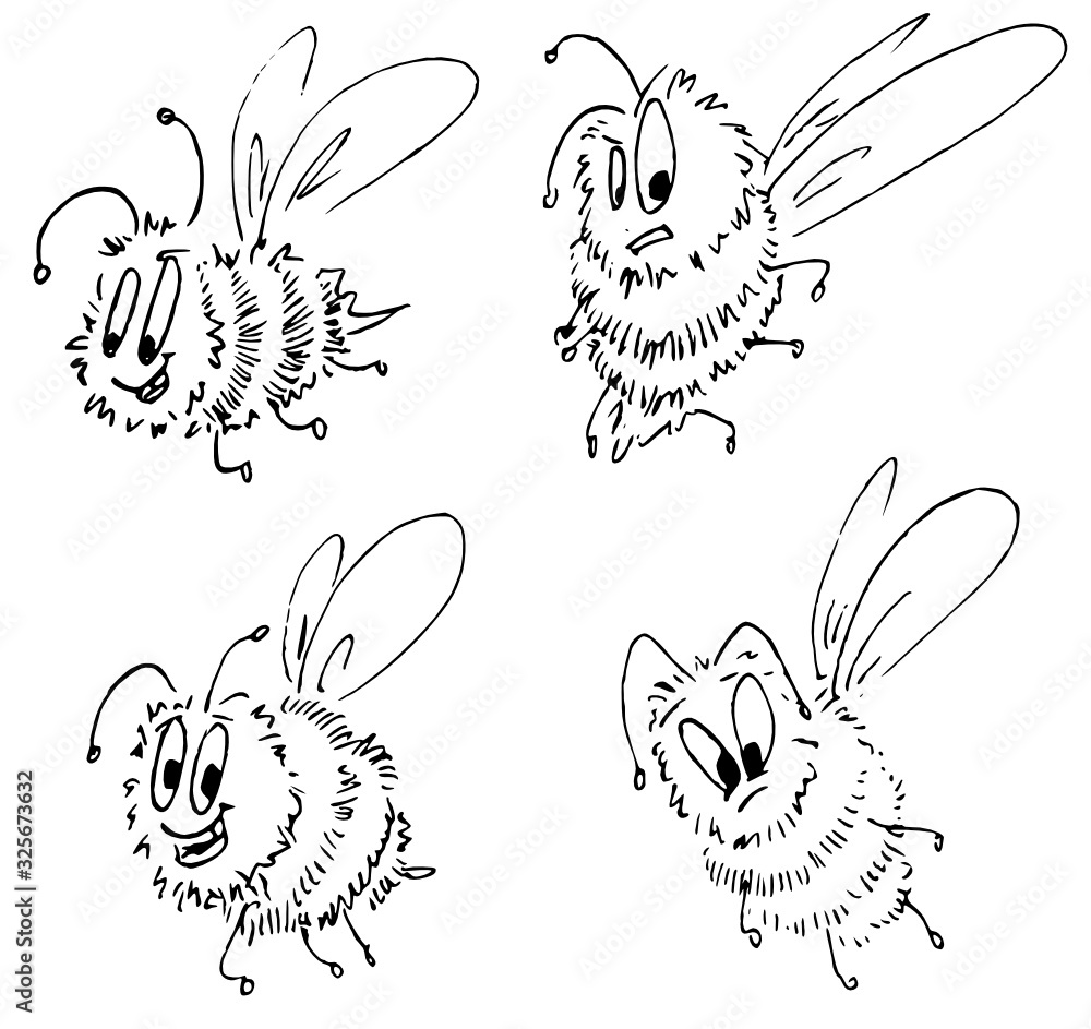 Cartoon set - bee line drawing - funny and sweet comic style bee images ...
