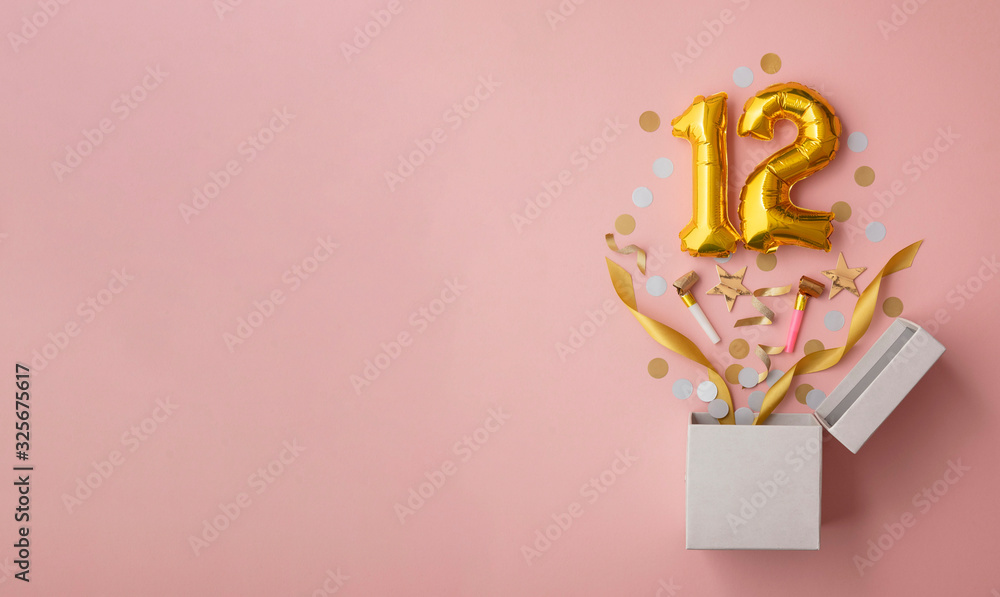 Number 12 birthday balloon celebration gift box lay flat explosion ...