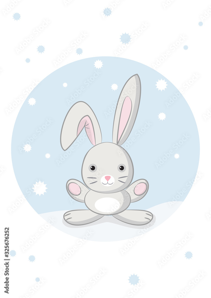 Cute cartoon bunny, rabbit, hare sitting on a snow. New Year and ...