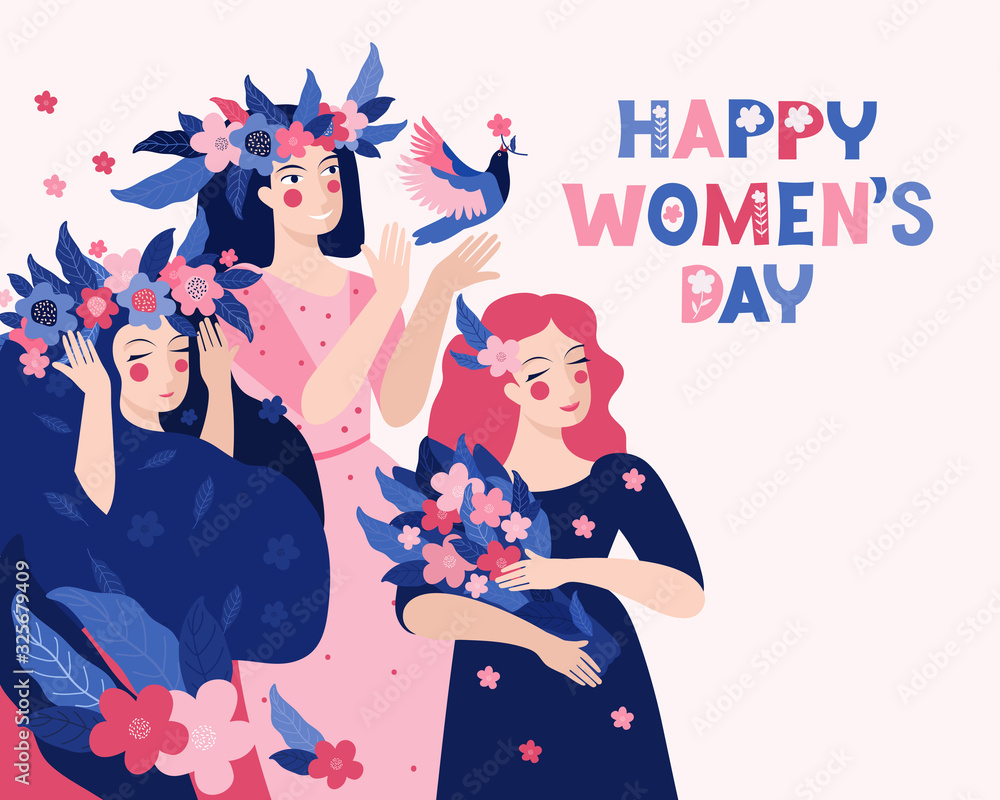 Horizontal template for a spring banner, card, poster. Beautiful women ...