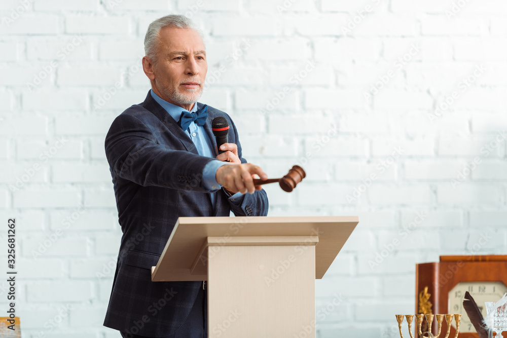 handsome auctioneer in suit holding microphone and pointing with gavel ...